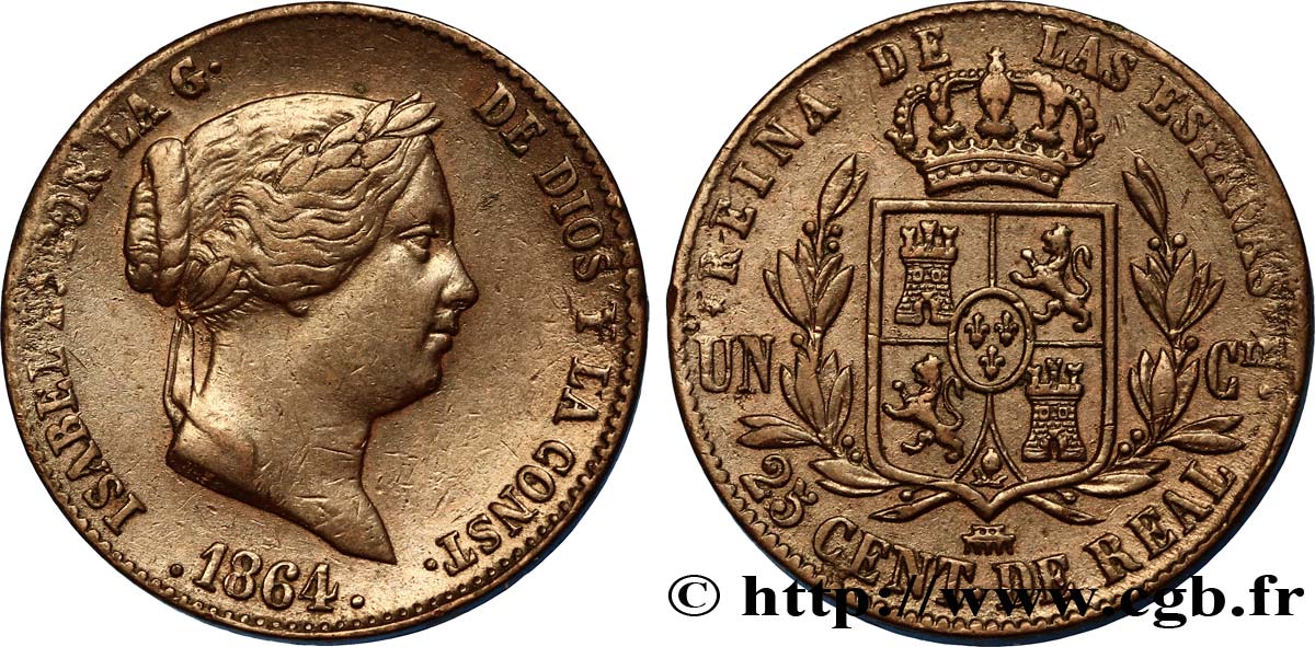 SPAIN 25 Centimos de Real (Cuartillo) Isabelle II / écu couronné 1864 ...