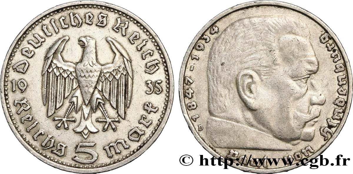 ALLEMAGNE 5 Reichsmark Aigle / Maréchal Paul von Hindenburg 1935 Munich ...