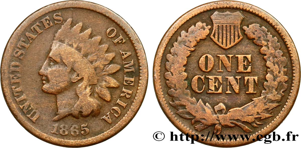 ÉTATS-UNIS D'AMÉRIQUE 1 Cent tête d’indien, 3e type 1865 Philadelphie ...