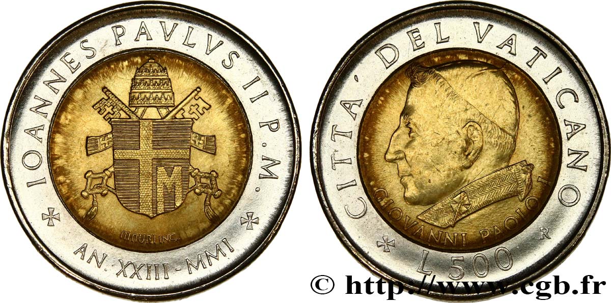 VATICAN ET ÉTATS PONTIFICAUX 500 Lire Jean Paul II armes / Jean-Paul ...