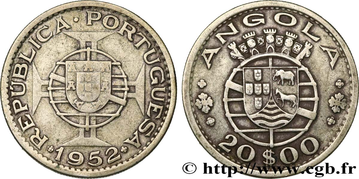 ANGOLA 20 Escudos emblème du Portugal 1952 fwo_537476 World coins