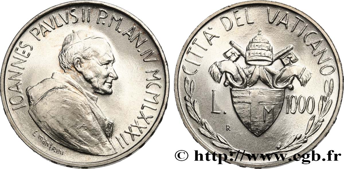 VATICAN ET ÉTATS PONTIFICAUX 1000 Lire Jean-Paul II an IV 1982 Rome fwo ...