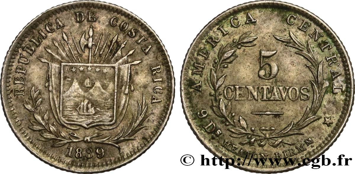 COSTA RICA 5 Centavos 1889 Heaton fwo_597451 Monde