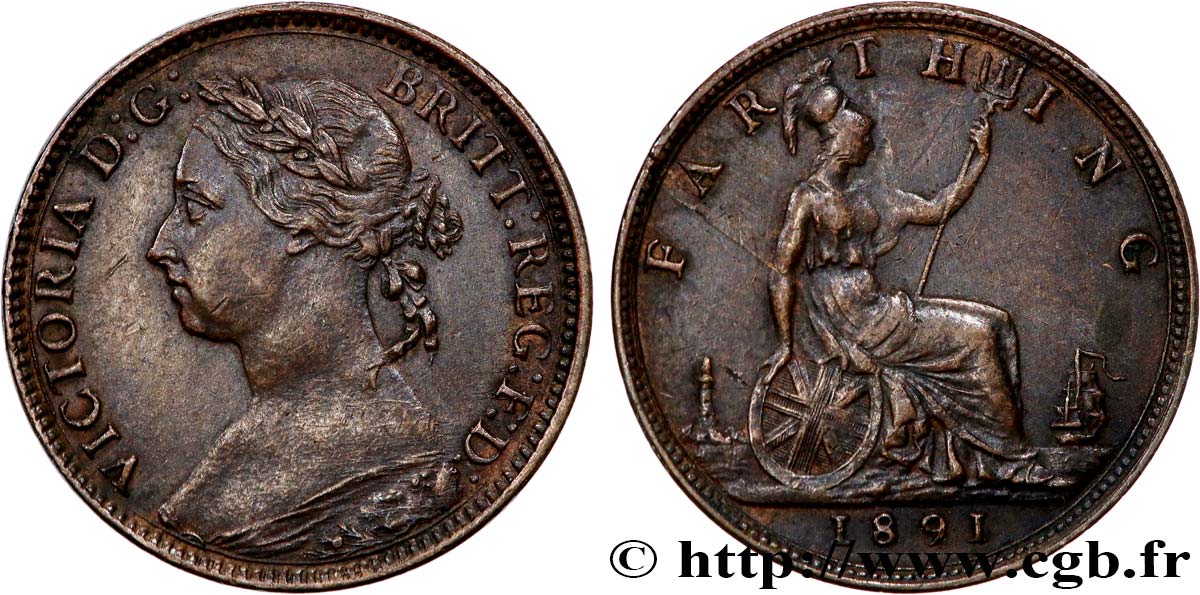 REINO UNIDO 1 Farthing Victoria “Bun Head” 1891 fwo_703806 Monedas del ...