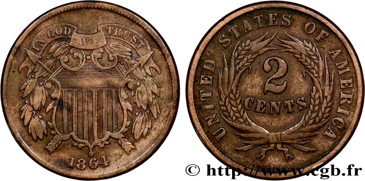 ÉTATS-UNIS D'AMÉRIQUE 2 Cents - Union Shield 1864 Philadelphie fwo ...