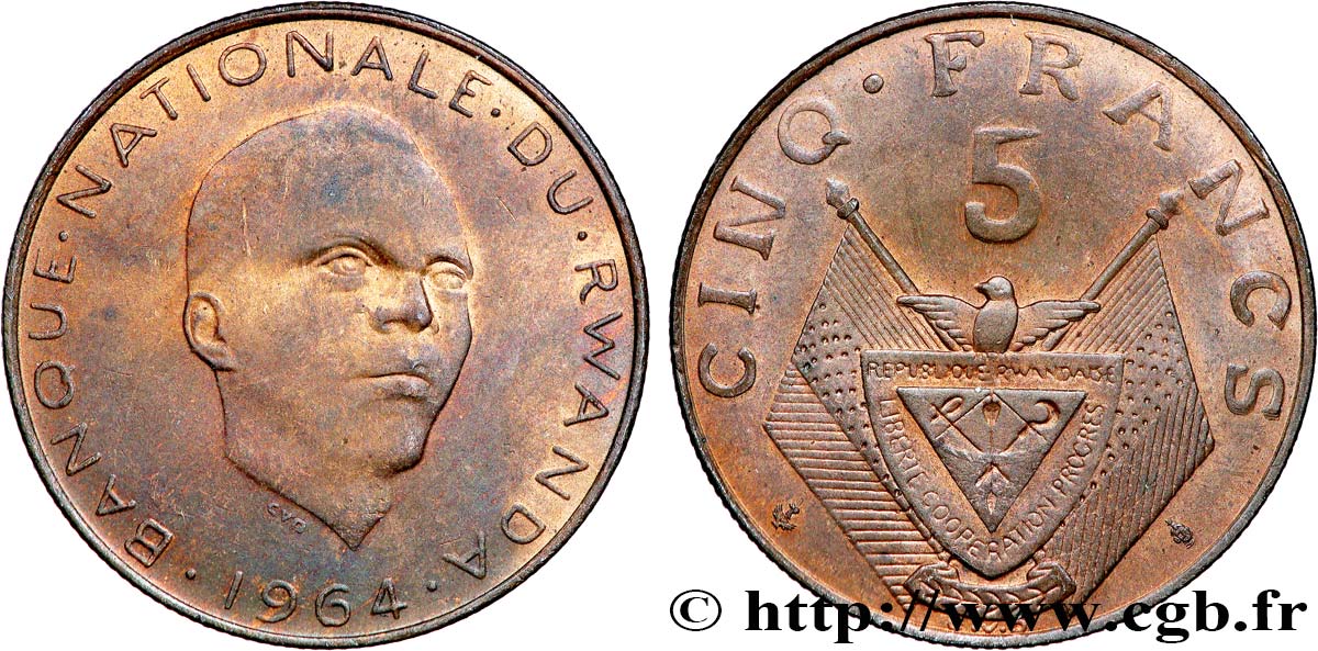 RWANDA 5 Francs président Grégoire Kayibanda 1964 Bruxelles fwo_764867 ...