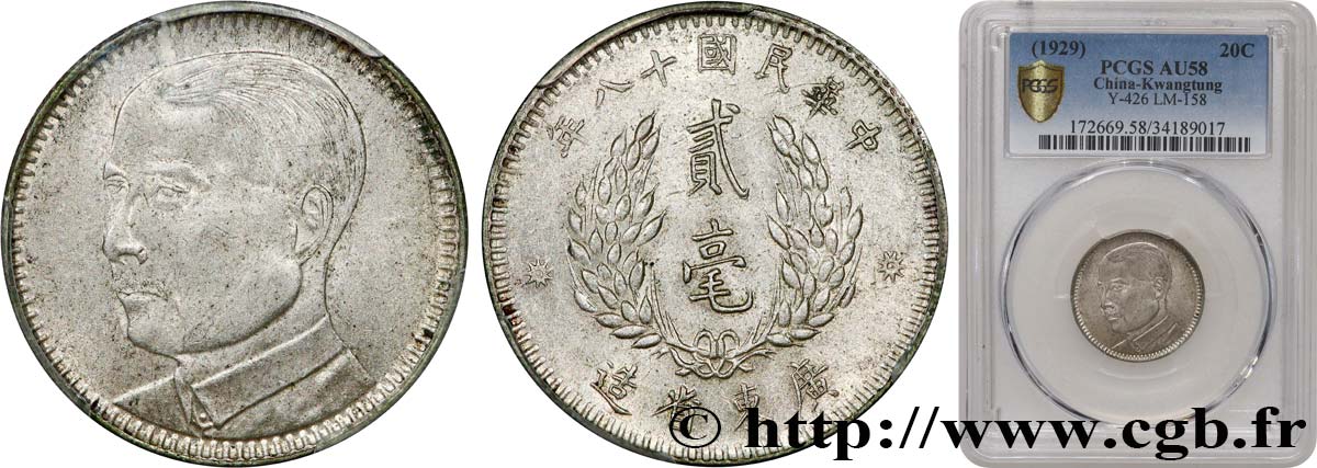 CHINE 20 Cents Province de Kwang-Tung an 18 1929 Guangzhou (Canton) fwo_771233 Monde