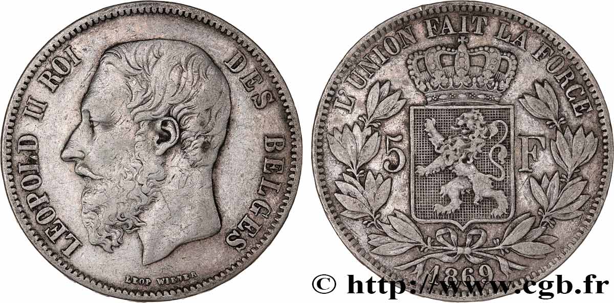 BELGIQUE 5 Francs Léopold II 1869 fwo_776652 Monde