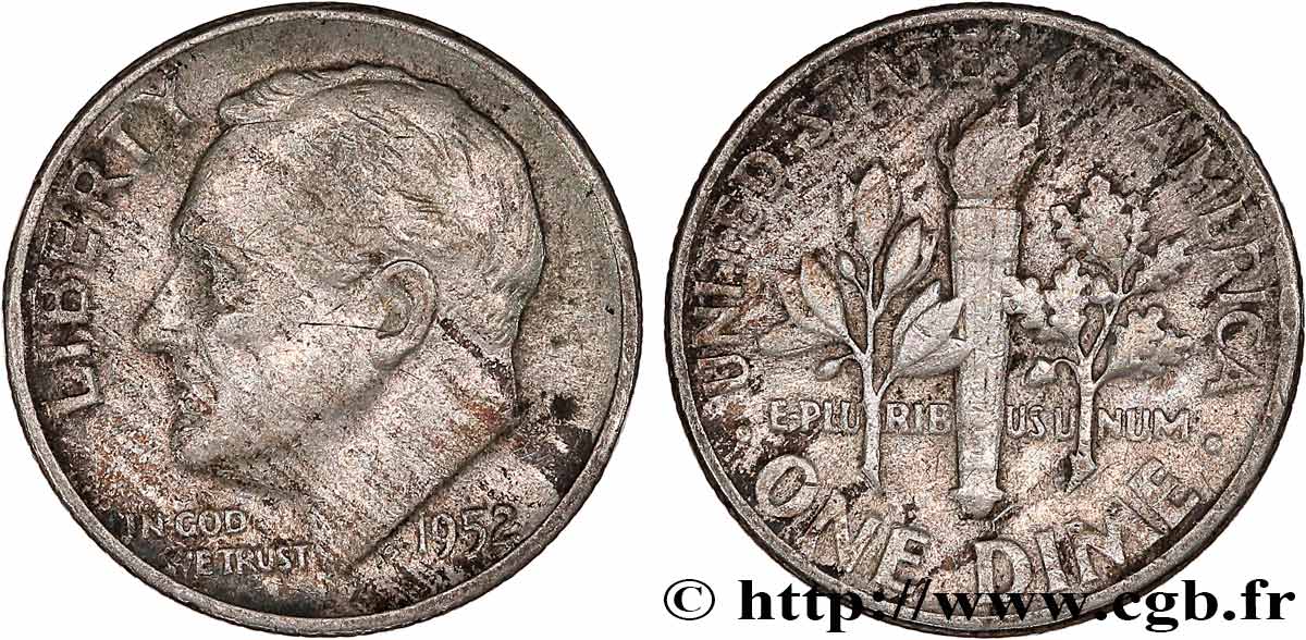 ÉTATS-UNIS D'AMÉRIQUE 1 Dime(10 Cents) Roosevelt 1952 Philadelphie fwo ...