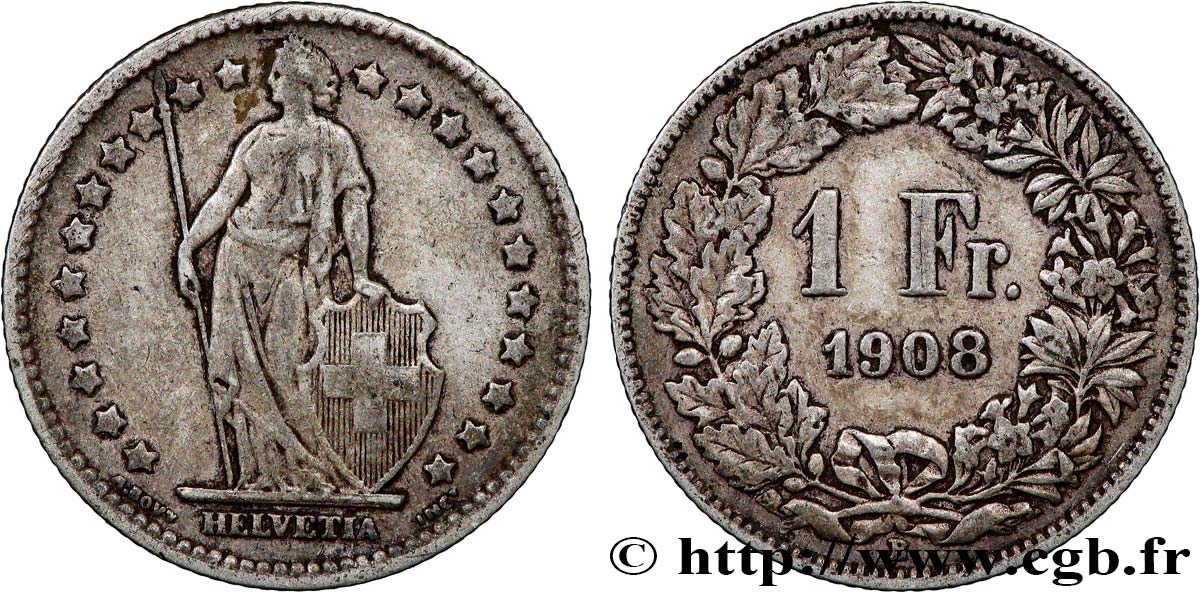 SUISSE 1 Franc Helvetia 1908 Berne fwo_789492 Monde