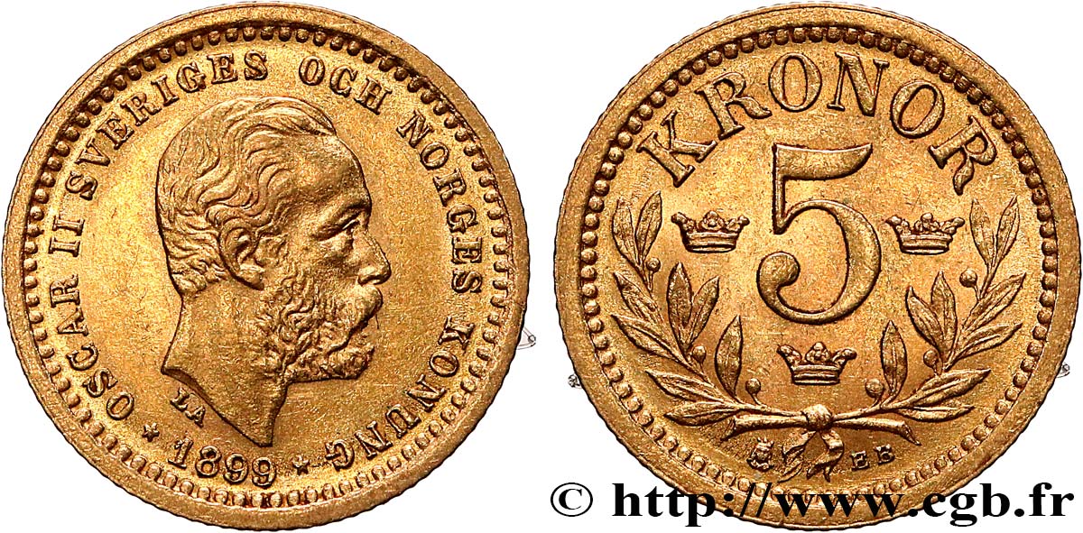SUÈDE - ROYAUME DE SUÈDE - OSCAR II 5 kronor 1899 Stockholm fwo_793432 ...