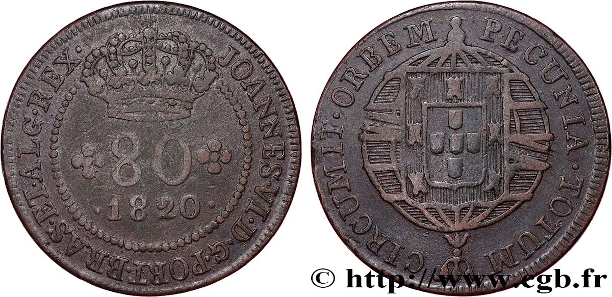 MOZAMBIQUE 80 Reis Jean VI type à 61 perles 1820 Rio de Janeiro fwo ...