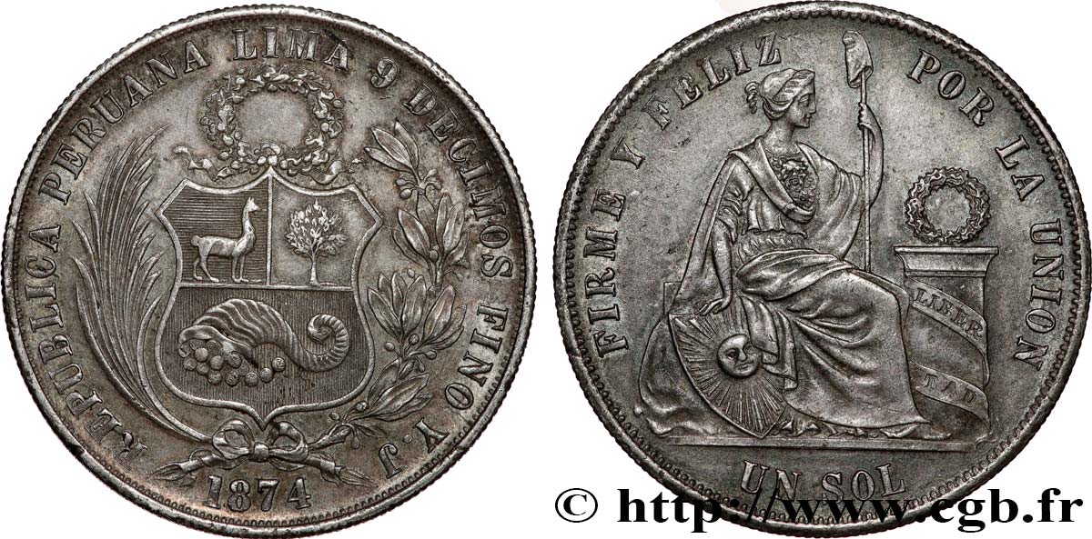 PERU 1 Sol “Liberté” assise 1874 Lima fwo_806572 World coins