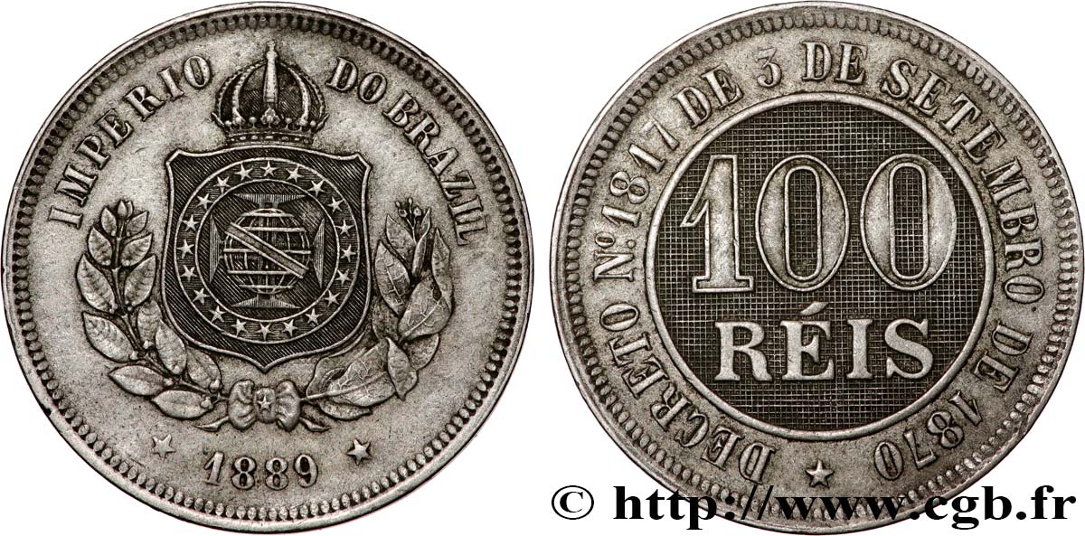 BRÉSIL 100 Reis Empereur Pierre II 1889 Rio de Janeiro fwo_809471 Monde