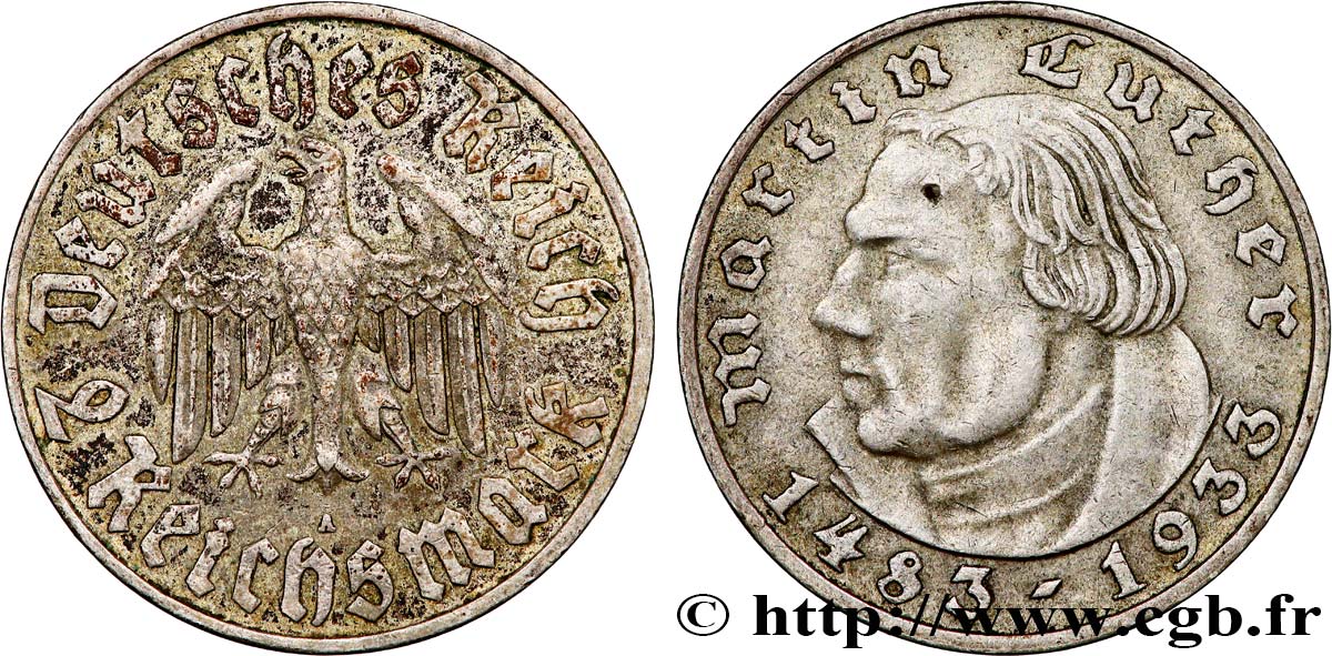 ALLEMAGNE 2 Reichsmark Martin Luther 1933 Berlin fwo_810486 Monde