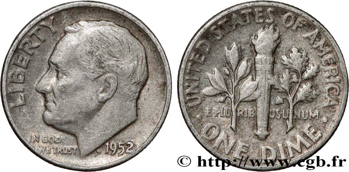 ÉTATS-UNIS D'AMÉRIQUE 1 Dime(10 Cents) Roosevelt 1952 Philadelphie fwo ...