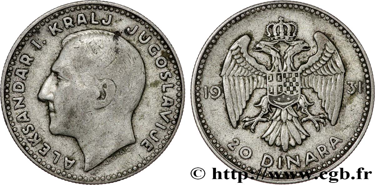 YOUGOSLAVIE 20 Dinara Alexandre Ier / aigle bicéphale 1931 Belgrade fwo_814584 Monde