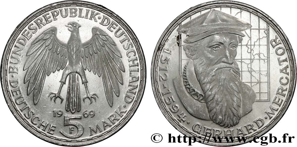 ALLEMAGNE 5 Mark Gerhard Mercator Proof 1969 Stuttgart fwo_819638 Monde