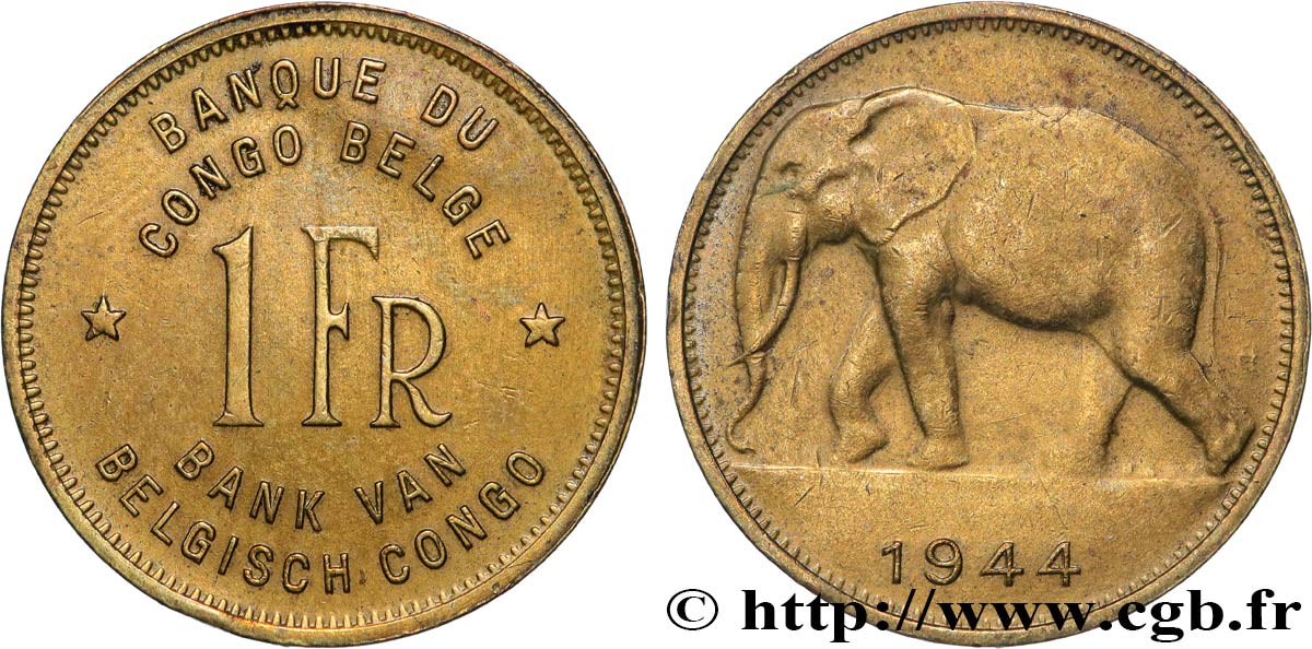 BELGIAN CONGO 1 Franc éléphant 1944 fwo_821720 World coins