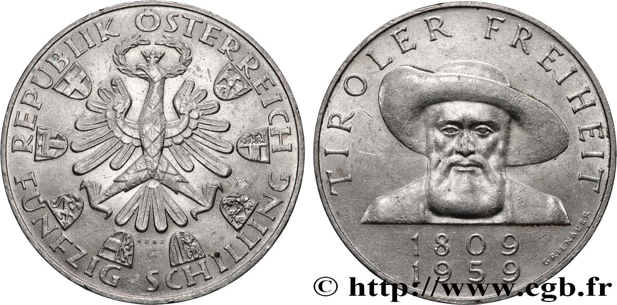 AUTRICHE 50 Schilling 150e anniversaire de la libération du Tyrol 1959 ...