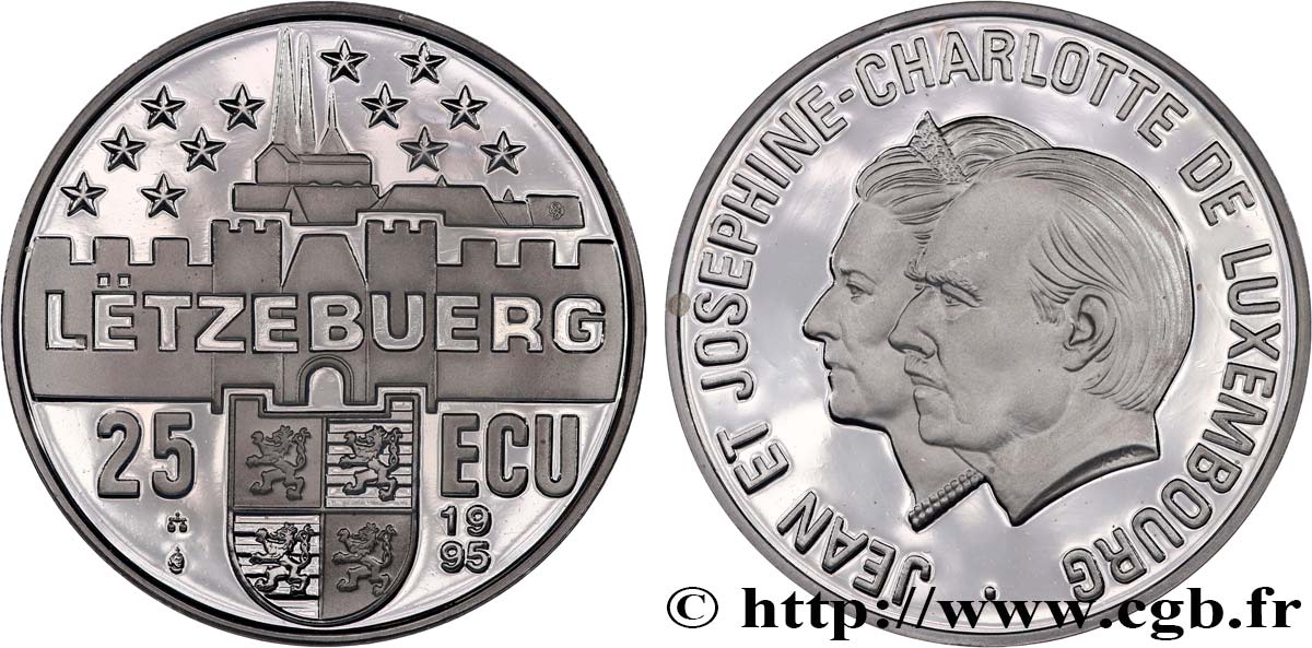 LUXEMBOURG 25 Ecu Proof Jean et Joséphine-Charlotte du Luxembourg 1995 ...