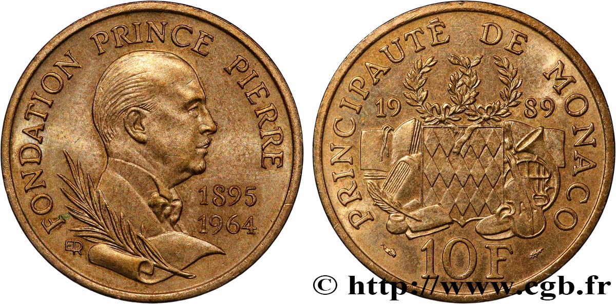 MONACO 10 Francs 25e anniversaire de la mort du prince Pierre 1989 ...