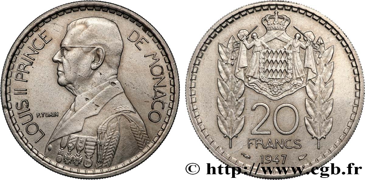 MONACO 20 Francs prince Louis II 1947 Paris fwo_823414 Monde