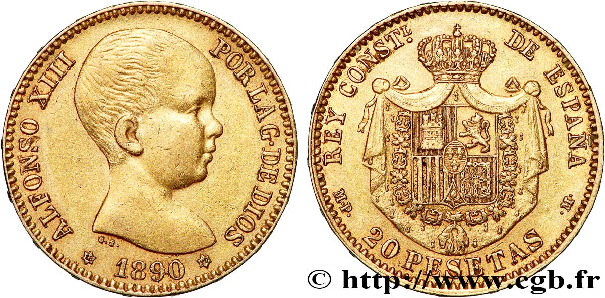 OR, PALLADIUM ET PLATINE INVESTISSEMENT 20 Pesetas Alphonse XIII 1890 ...