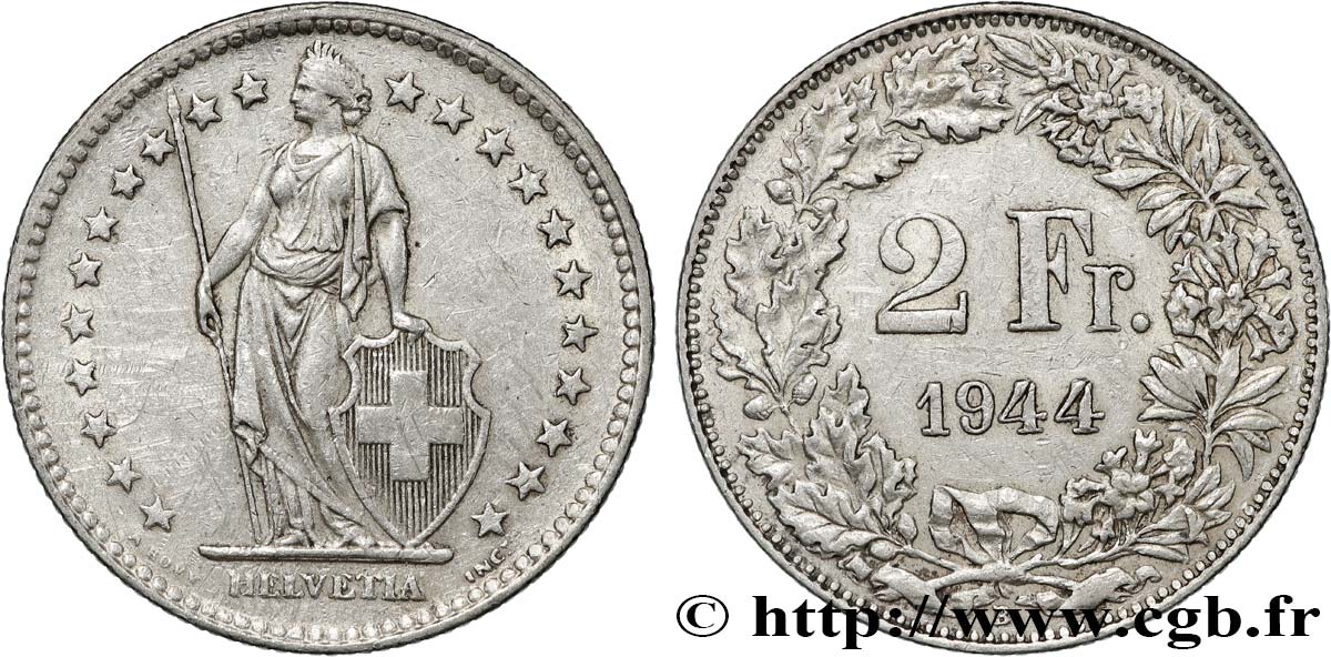 SUISSE 2 Francs Helvetia 1944 Berne fwo_831363 Monde
