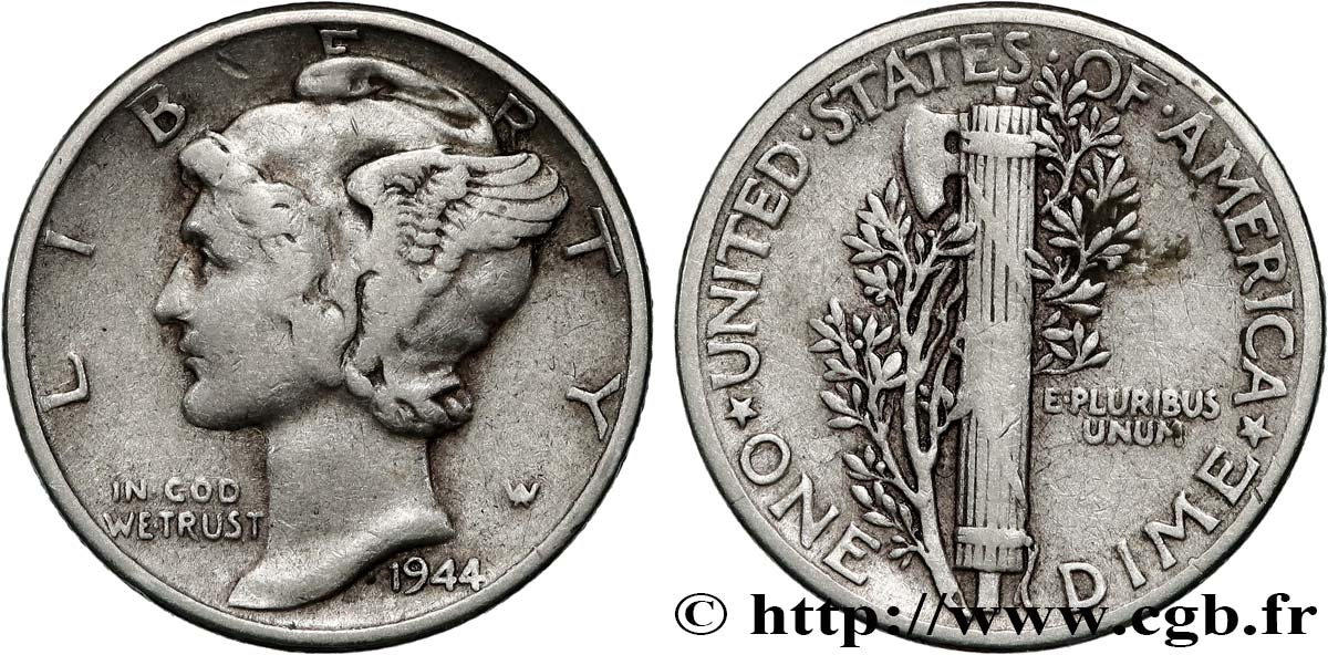ÉTATS-UNIS D'AMÉRIQUE 1 Dime Mercury 1944 Philadelphie fwo_831433 Monde