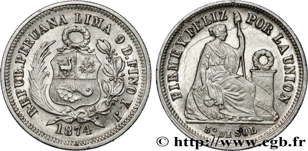 PÉROU 1/5 Sol “Liberté” assise 1874 Lima fwo_841468 Monde