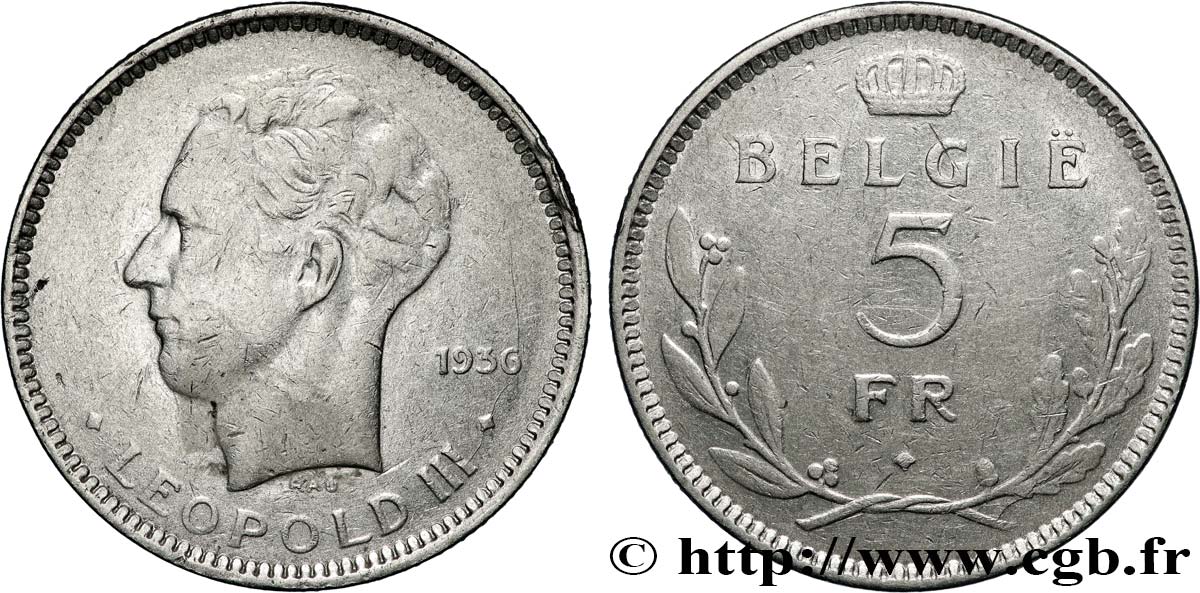 BELGIQUE 5 Frank (Franc) Léopold III 1936 fwo_841839 Monde