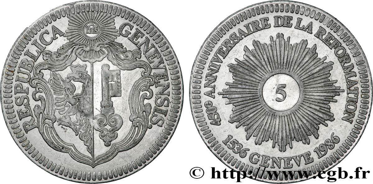 SUISSE - RÉPUBLIQUE DE GENÈVE 5 Pistoles 450e anniversaire de la ...