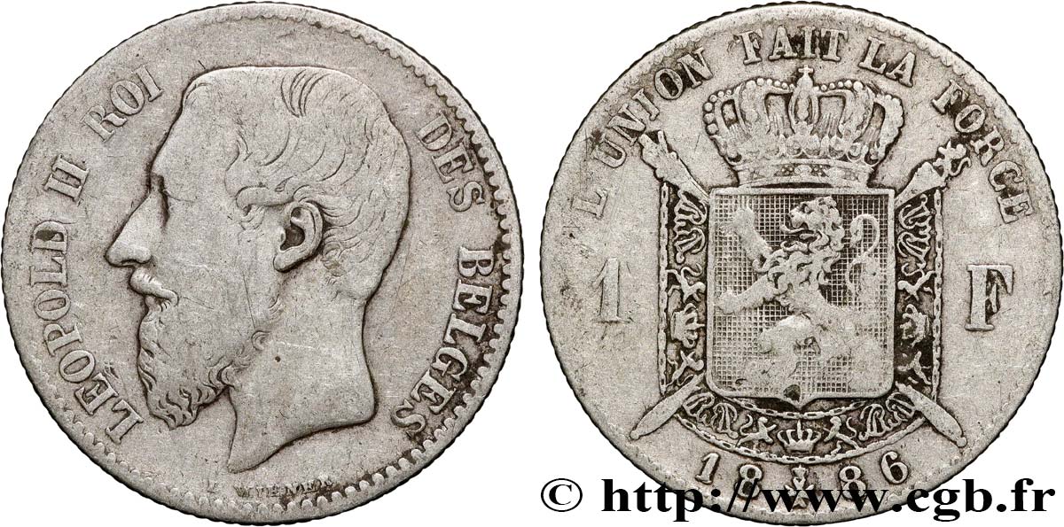 BELGIQUE 1 Franc Léopold II légende française signature L WIENER 1886 ...