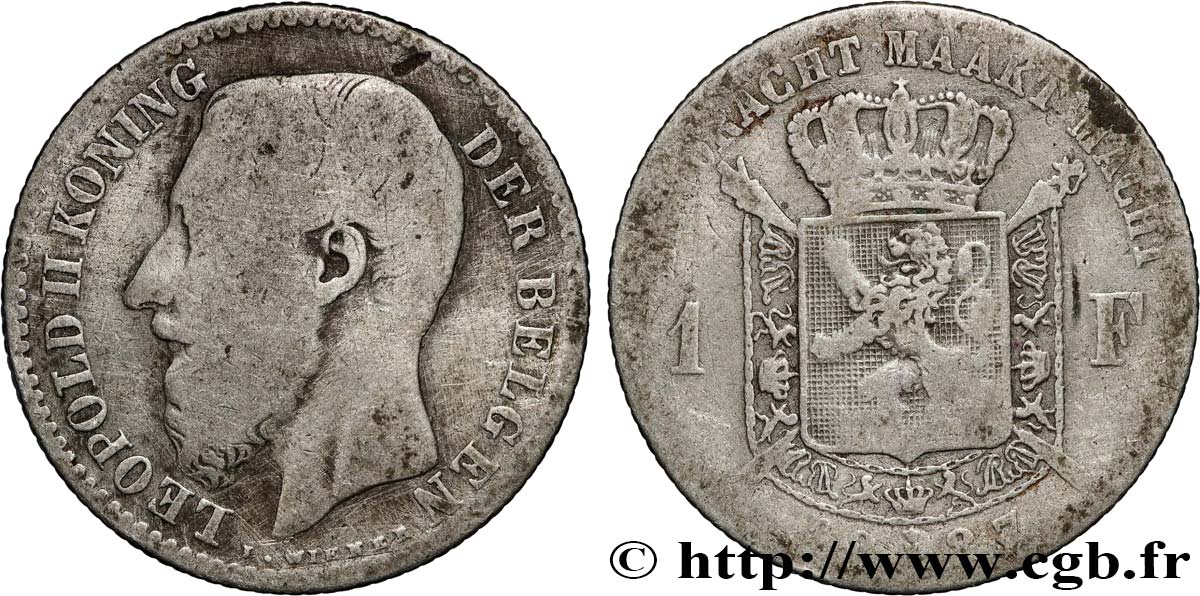 BELGIQUE 1 Frank (Franc) Léopold II légende flamande signature L WIENER ...