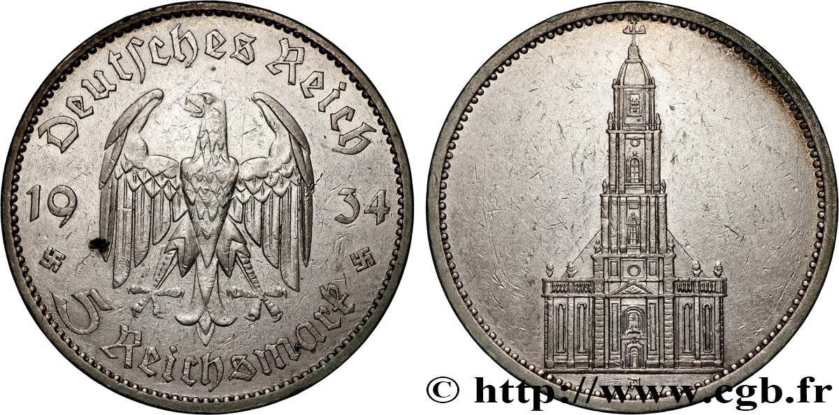 ALLEMAGNE 5 Reichsmark Église de la garnison de Potsdam 1934 Berlin fwo ...