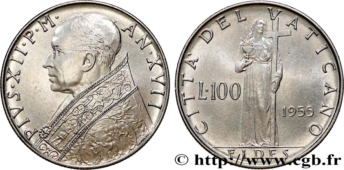 VATICAN ET ÉTATS PONTIFICAUX 100 Lire Pie XII an XVII 1955 Rome fwo_900923 Monde