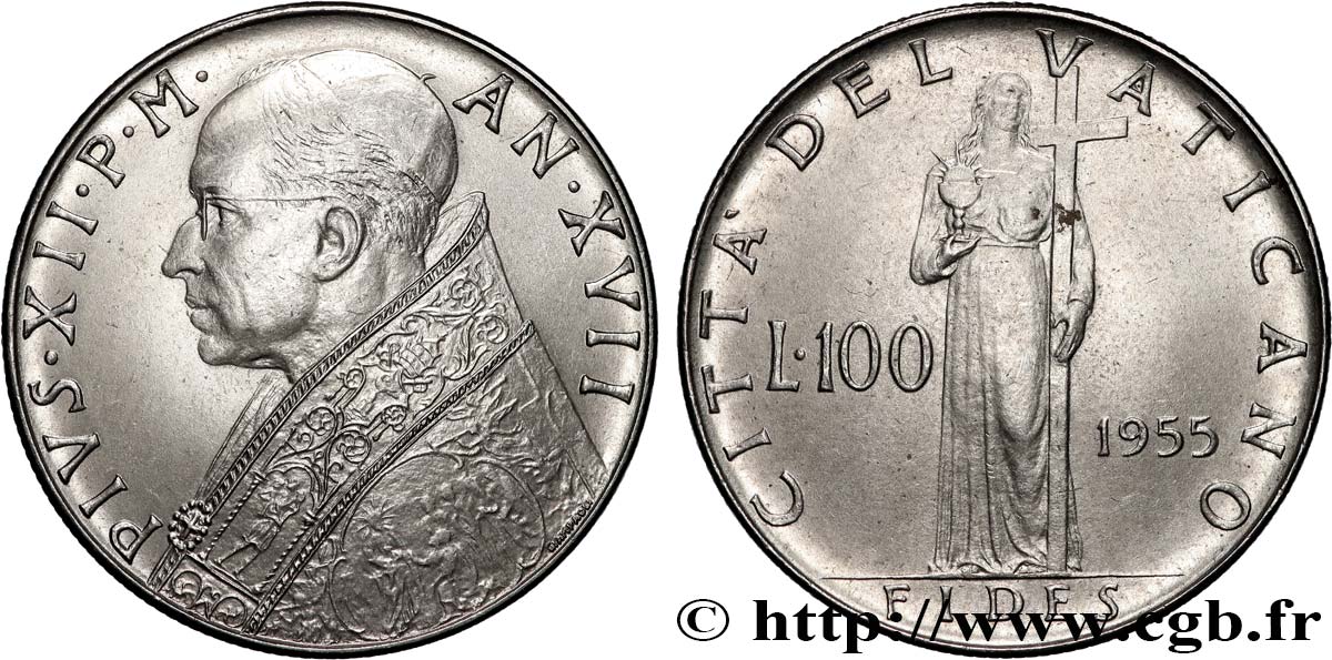 VATICAN ET ÉTATS PONTIFICAUX 100 Lire Pie XII an XVII 1955 Rome fwo_900928 Monde
