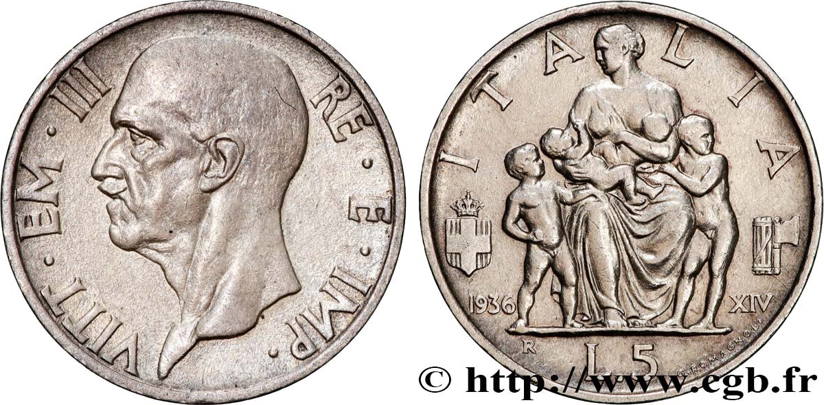ITALY 5 Lire Victor Emmanuel III an XIV 1936 Rome - R fwo_986001 World ...