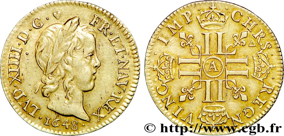 LOUIS XIV LE GRAND OU LE ROI SOLEIL Demi-louis d’or aux huit L, portrait à la mèche longue 1648 ...