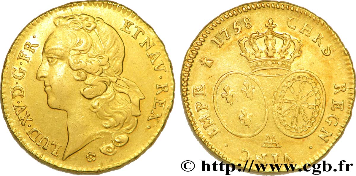 LOUIS XV THE BELOVED Double louis d’or aux écus ovales, tête ceinte d ...