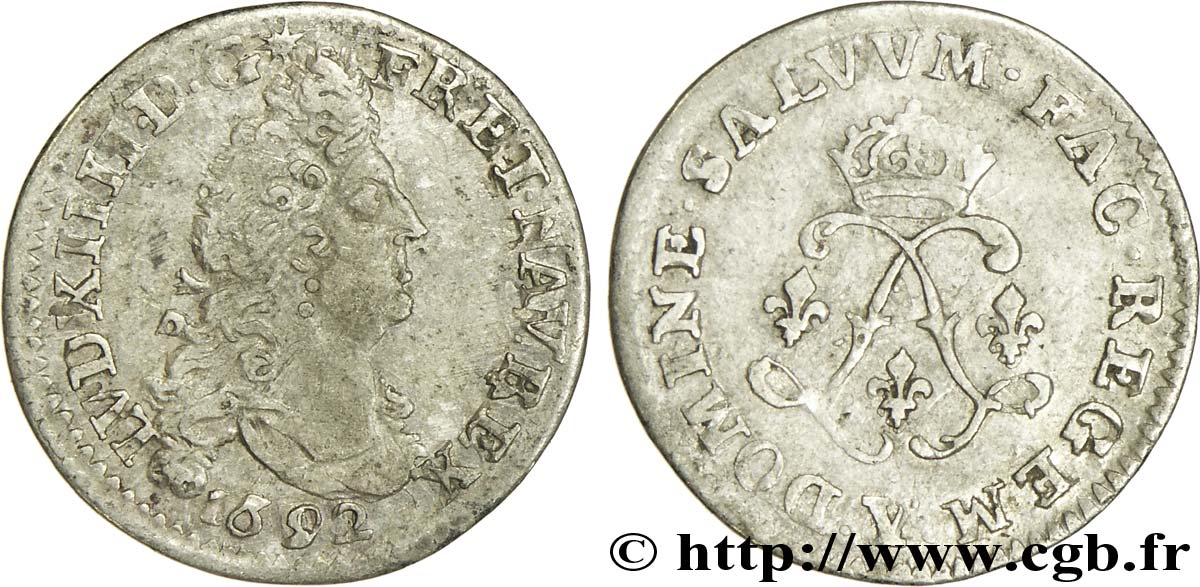 LOUIS XIV LE GRAND OU LE ROI SOLEIL Quatre sols aux deux L 1692 Bourges ...
