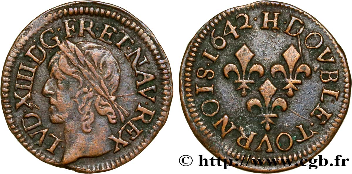 LOUIS XIII Double tournois, type de Warin 1642 La Rochelle bry_377805 ...