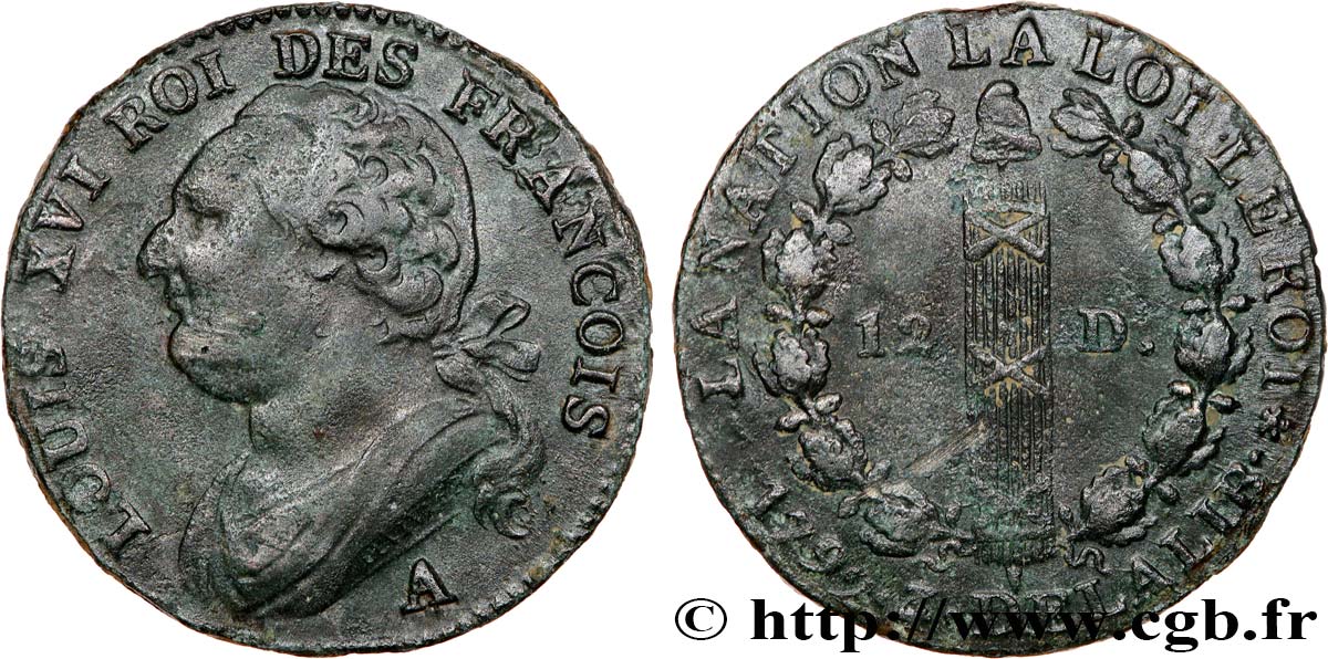 LOUIS XVI (MONARQUE CONSTITUTIONNEL) 12 deniers dit "au faisceau", type ...