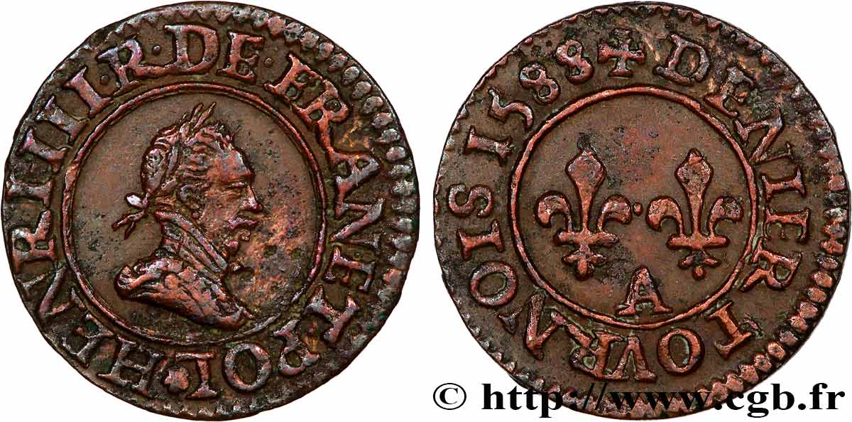 HENRY III Denier tournois, 2e type de Paris 1588 Paris, Moulin des ...