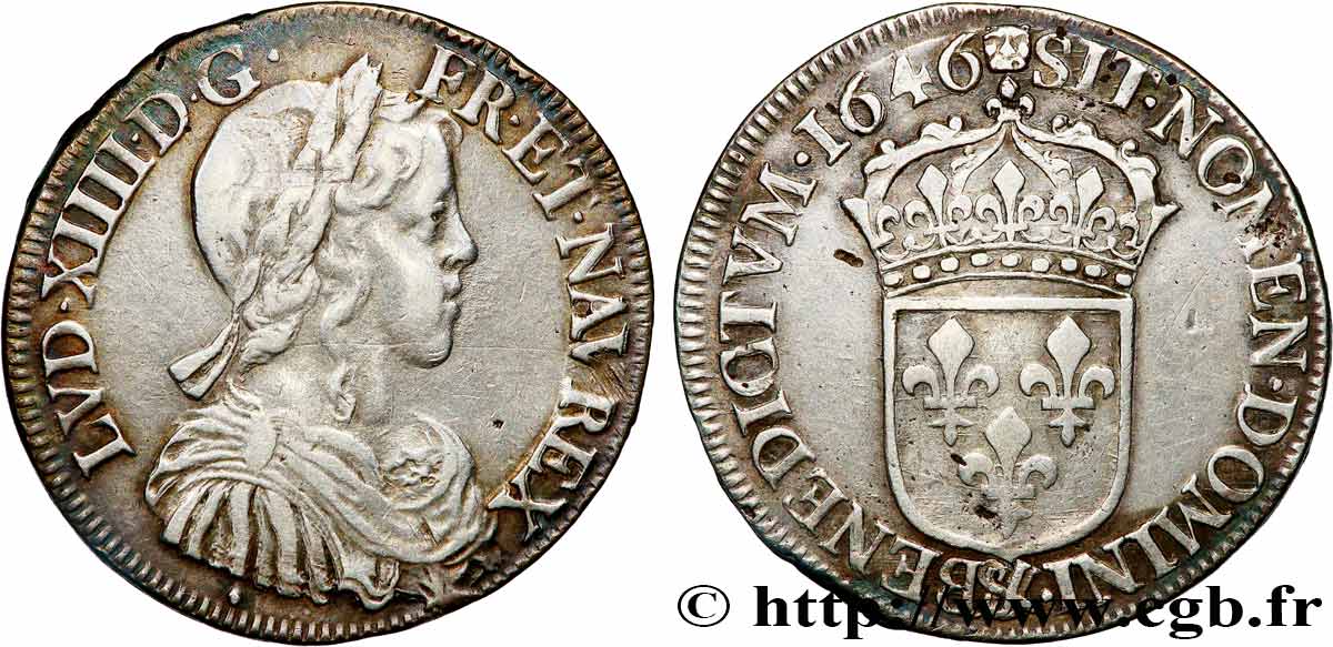 LOUIS XIV "THE SUN KING" Demi-écu, portrait à la mèche longue 1646 Aix ...