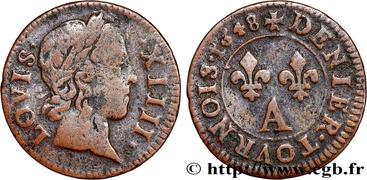 LOUIS XIV "THE SUN KING" Denier tournois 1648 Paris, Moulin du Louvre bry_842358 Royal coins