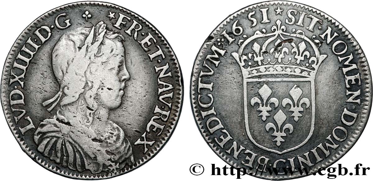 LOUIS XIV LE GRAND OU LE ROI SOLEIL Demi-écu, portrait à la mèche ...